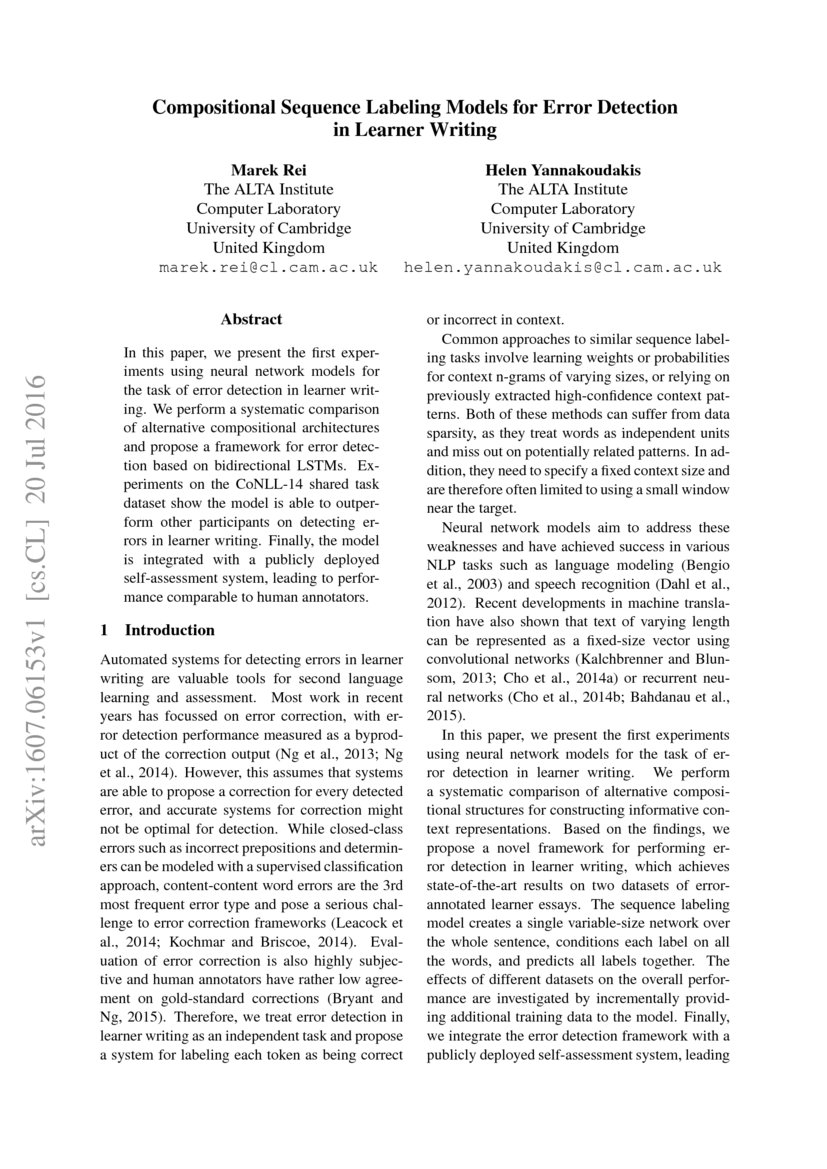 Compositional Sequence Labeling Models For Error Detection In Learner Writing Deepai