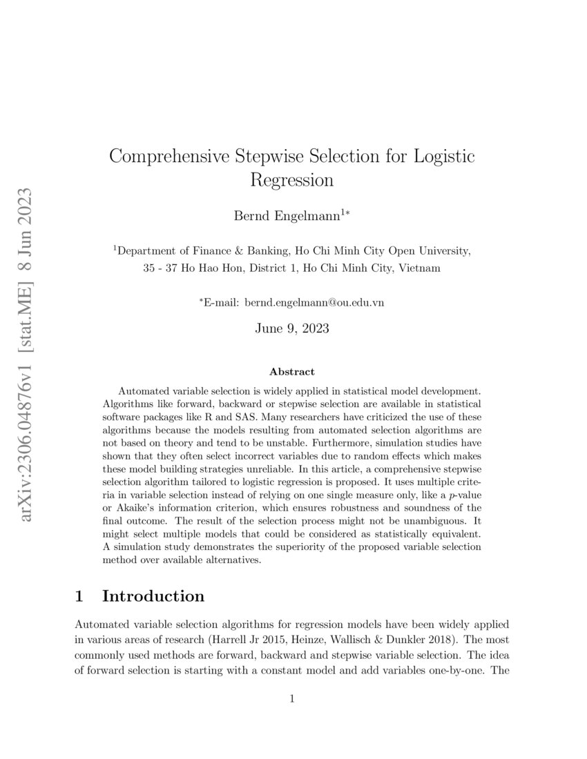 Comprehensive Stepwise Selection for Logistic Regression | DeepAI Comprehensive Stepwise Selection for Logistic Regression | DeepAI