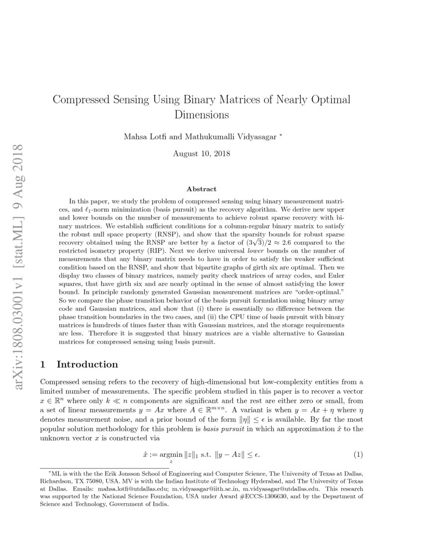 Compressed Sensing Using Binary Matrices of Nearly Optimal Dimensions | DeepAI