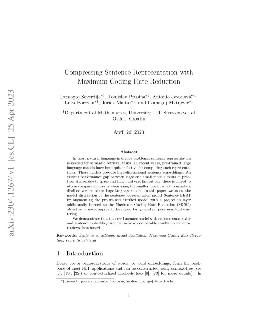 Compressing Sentence Representation With Maximum Coding Rate Reduction Deepai