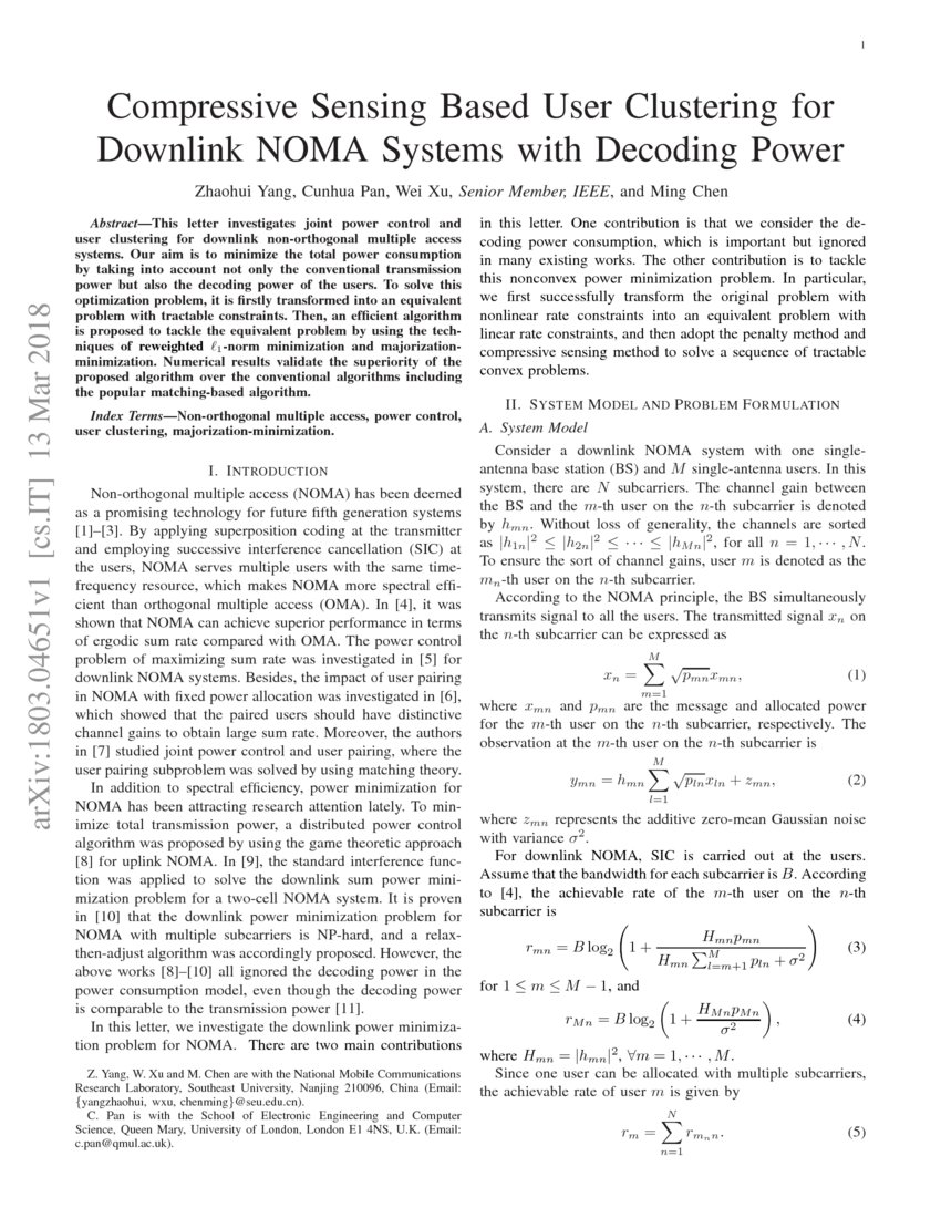 Compressive Sensing Based User Clustering For Downlink Noma Systems With Decoding Power Deepai 