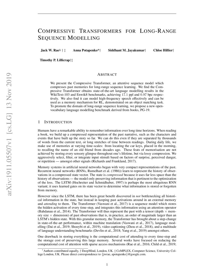 Compressive Transformers for Long-Range Sequence Modelling | DeepAI