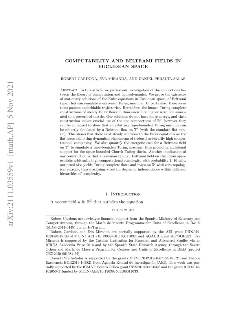 Computability and Beltrami fields in Euclidean space | DeepAI