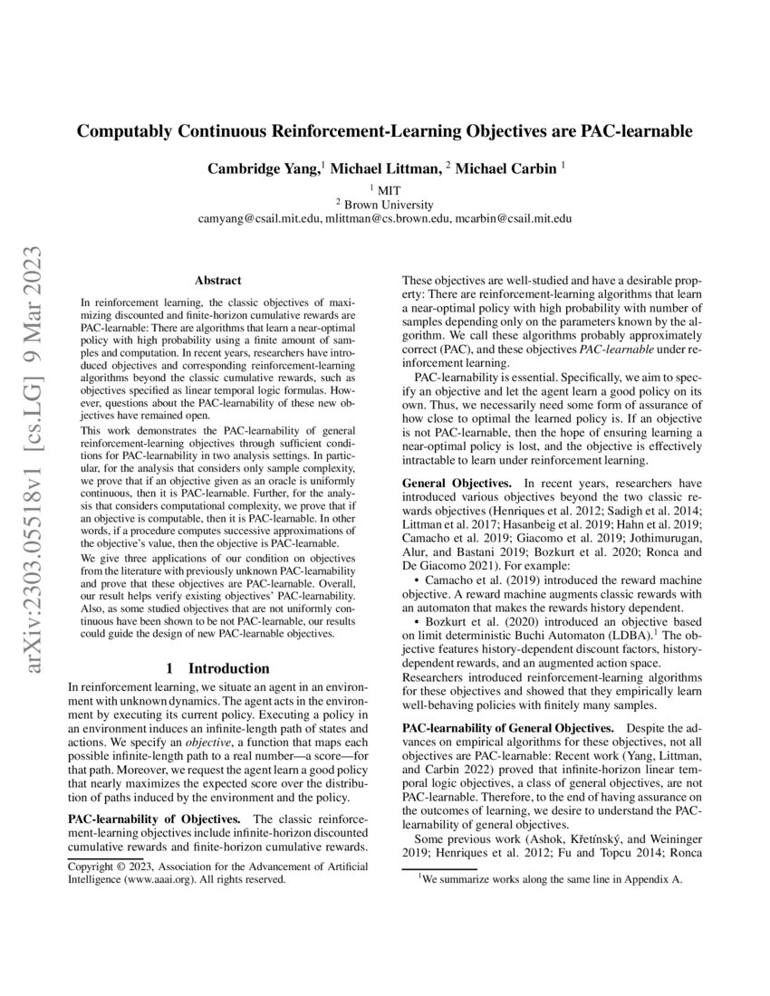 Computably Continuous Reinforcement Learning Objectives Are Pac Learnable Deepai