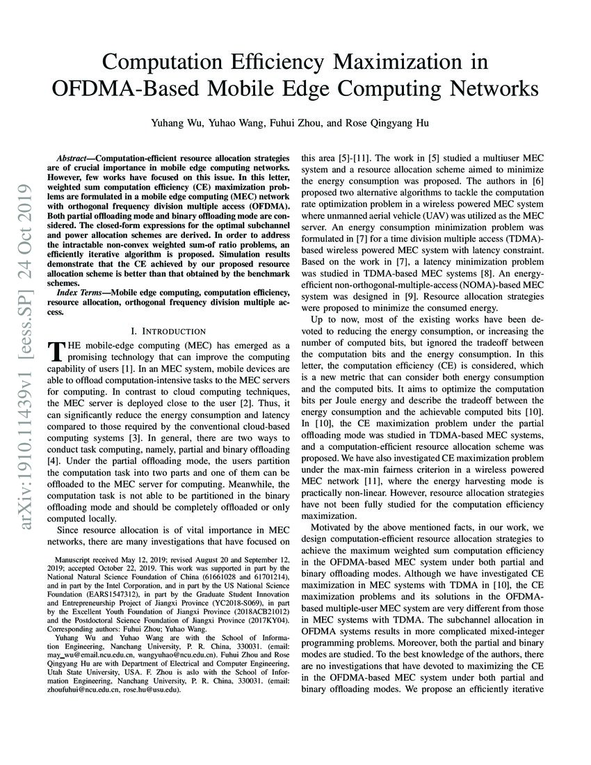 Computation Efficiency Maximization In Ofdma Based Mobile Edge Computing Networks Deepai
