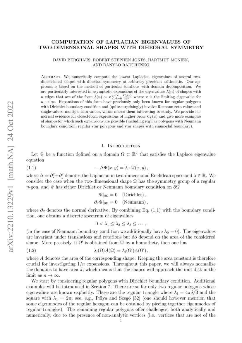 Computation of Laplacian eigenvalues of two-dimensional shapes with dihedral symmetry | DeepAI