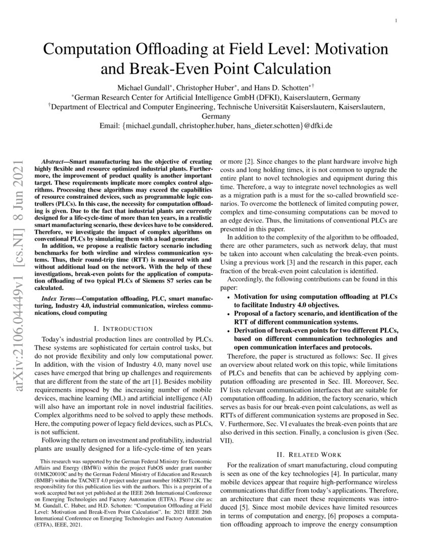 Computation Offloading at Field Level: Motivation and Break-Even Point Calculation | DeepAI