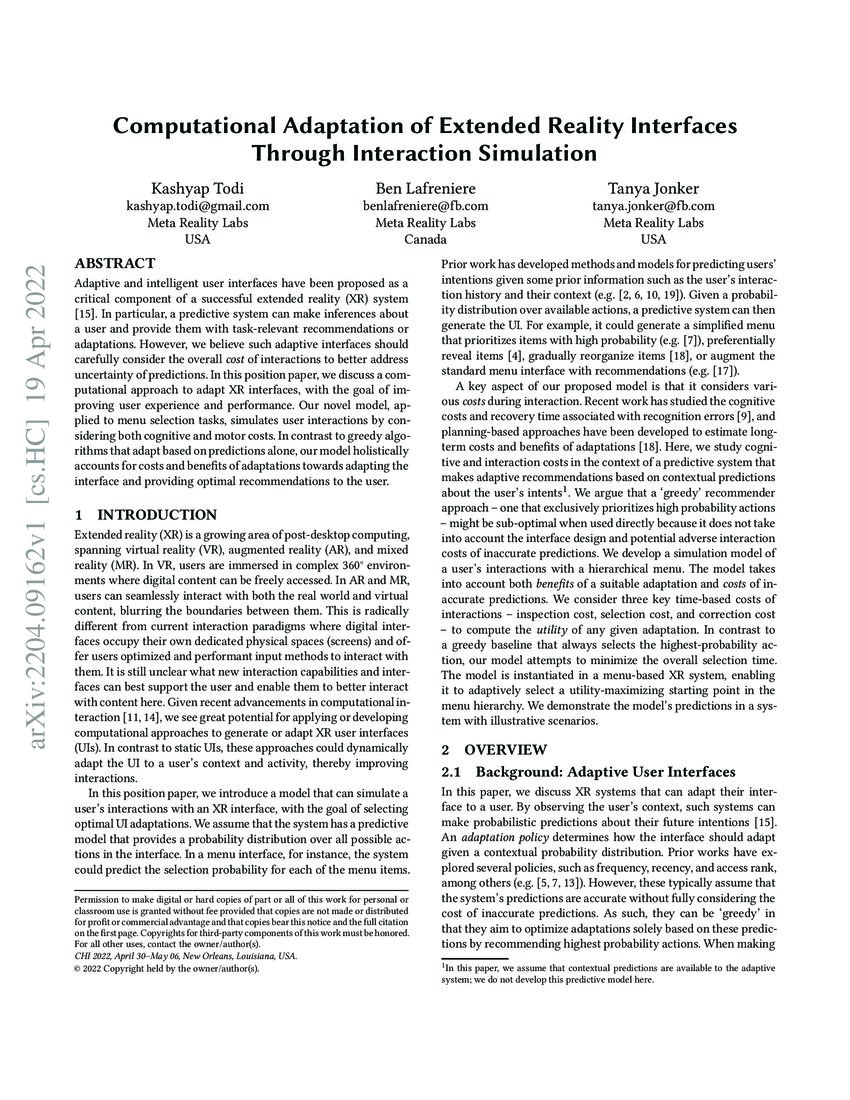 Computational Adaptation of XR Interfaces Through Interaction ...