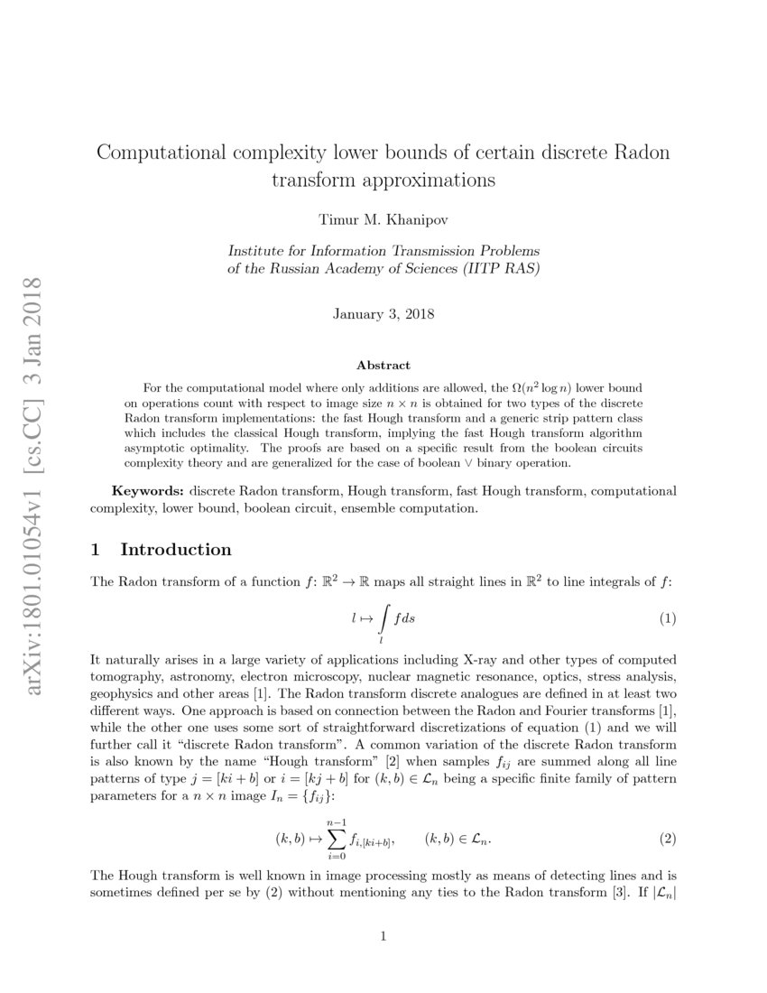 Computational complexity lower bounds of certain discrete Radon ...