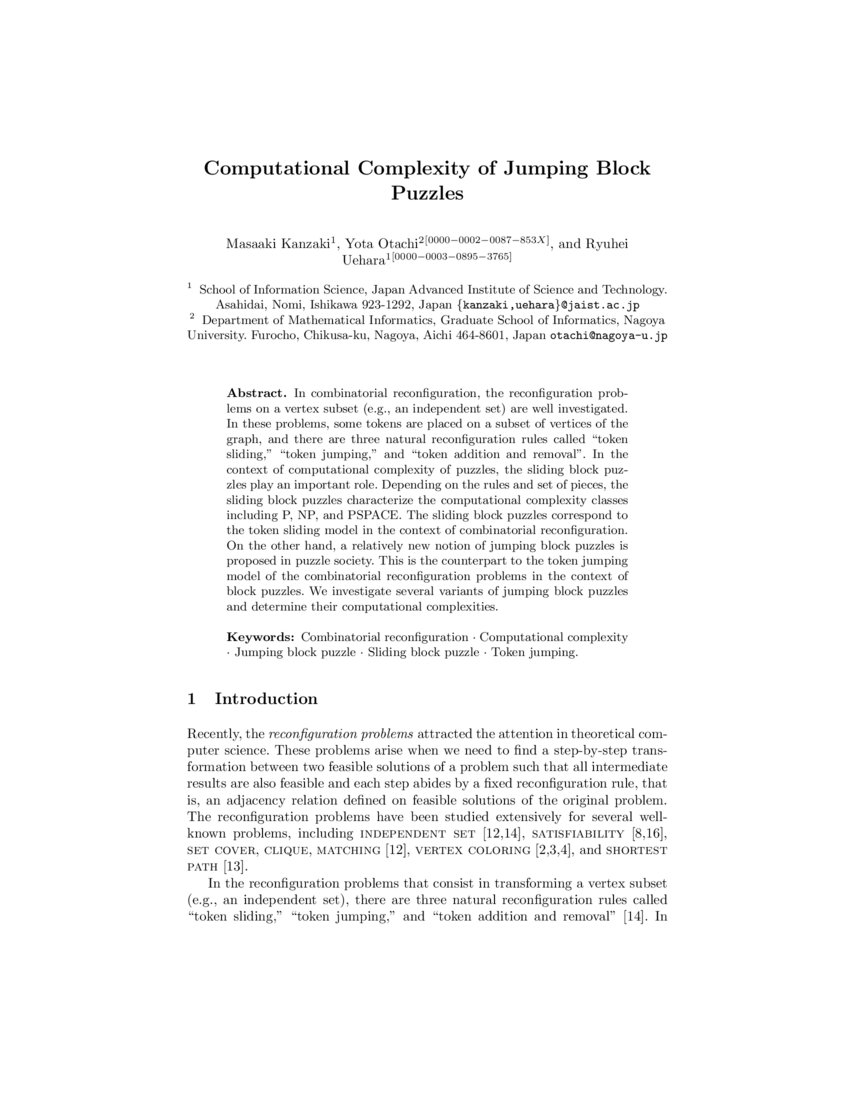 Computational Complexity of Jumping Block Puzzles | DeepAI