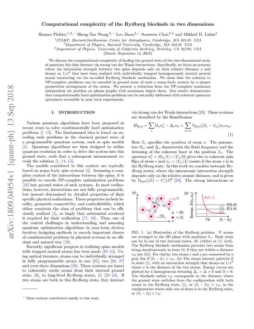 Computational complexity of the Rydberg blockade in two dimensions | DeepAI