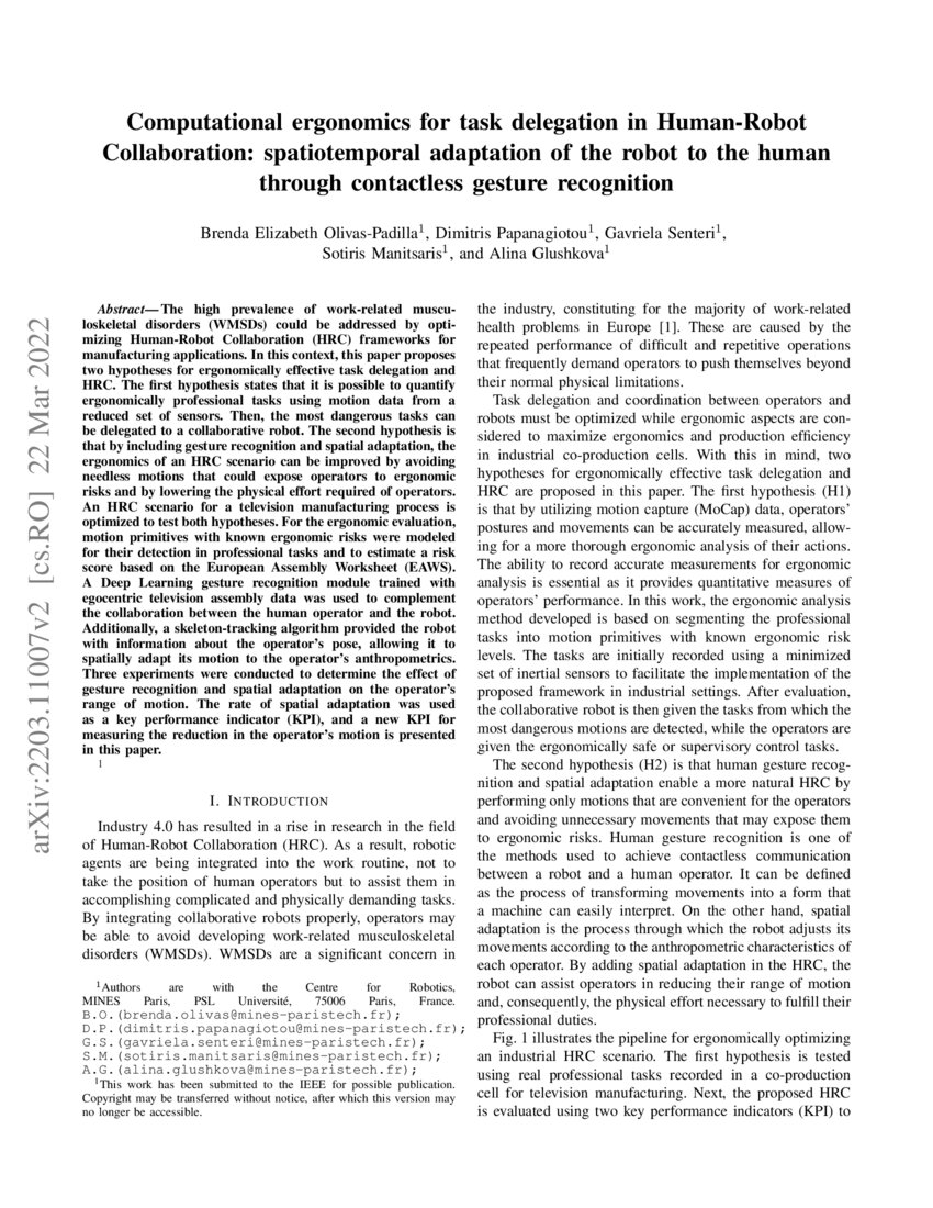 Computational Ergonomics For Task Delegation In Human Robot
