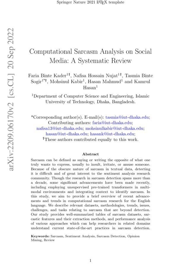 Computational Sarcasm Analysis On Social Media A Systematic Review Deepai