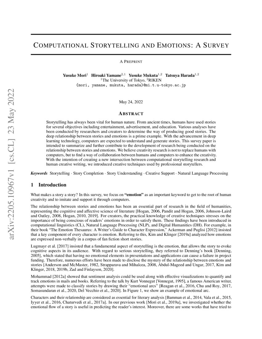 Computational Storytelling and Emotions: A Survey | DeepAI