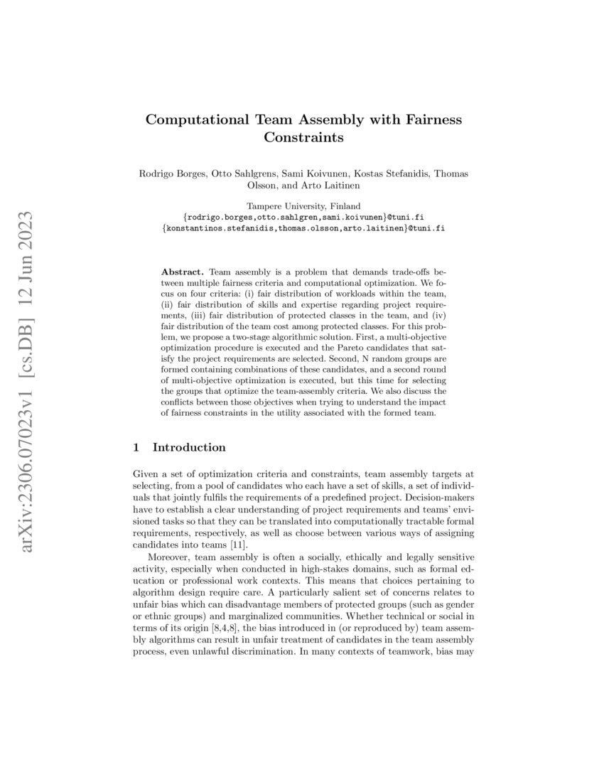Computational Team Assembly With Fairness Constraints Deepai