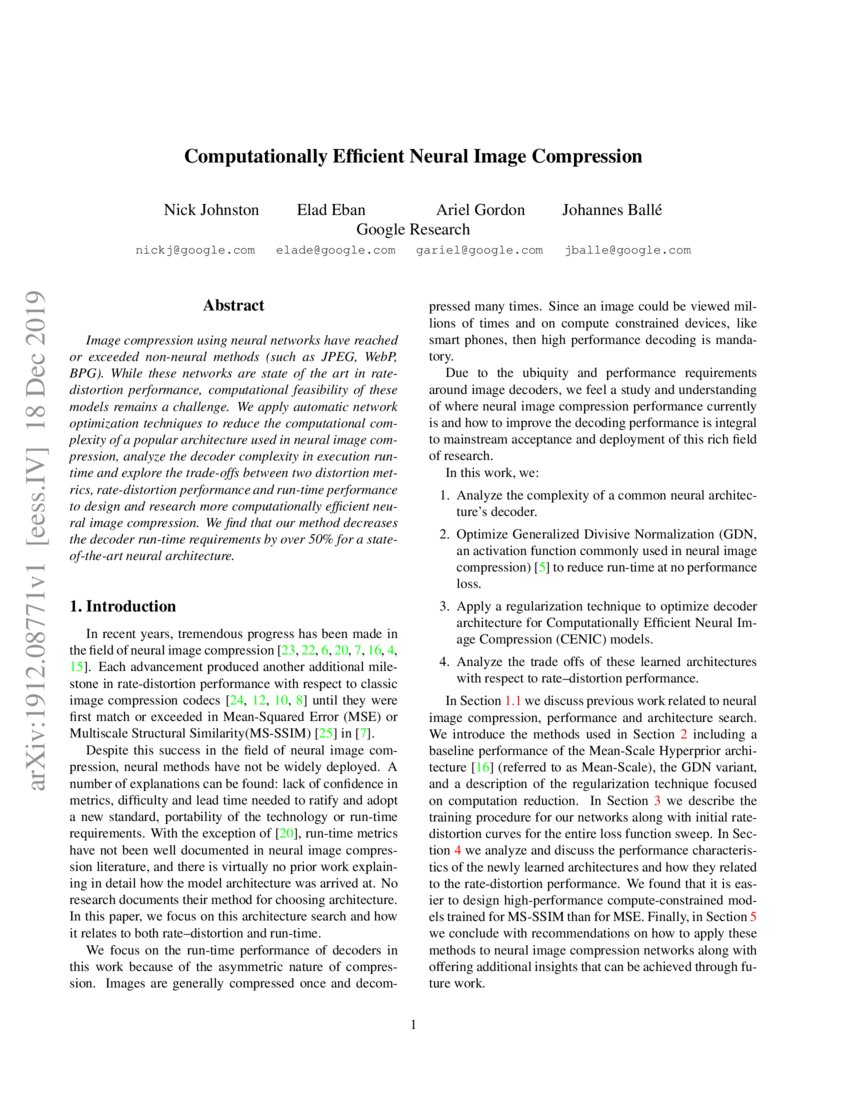 Computationally Efficient Neural Image Compression Deepai