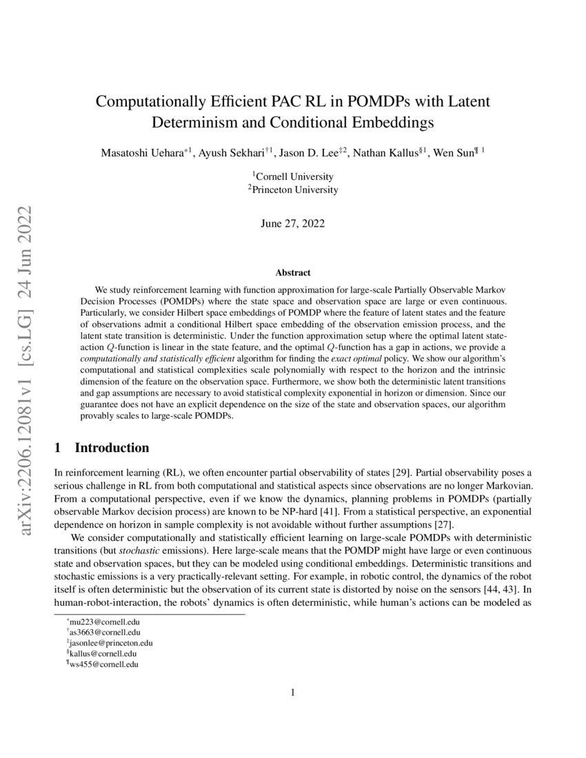 Computationally Efficient Pac Rl In Pomdps With Latent Determinism And Conditional Embeddings