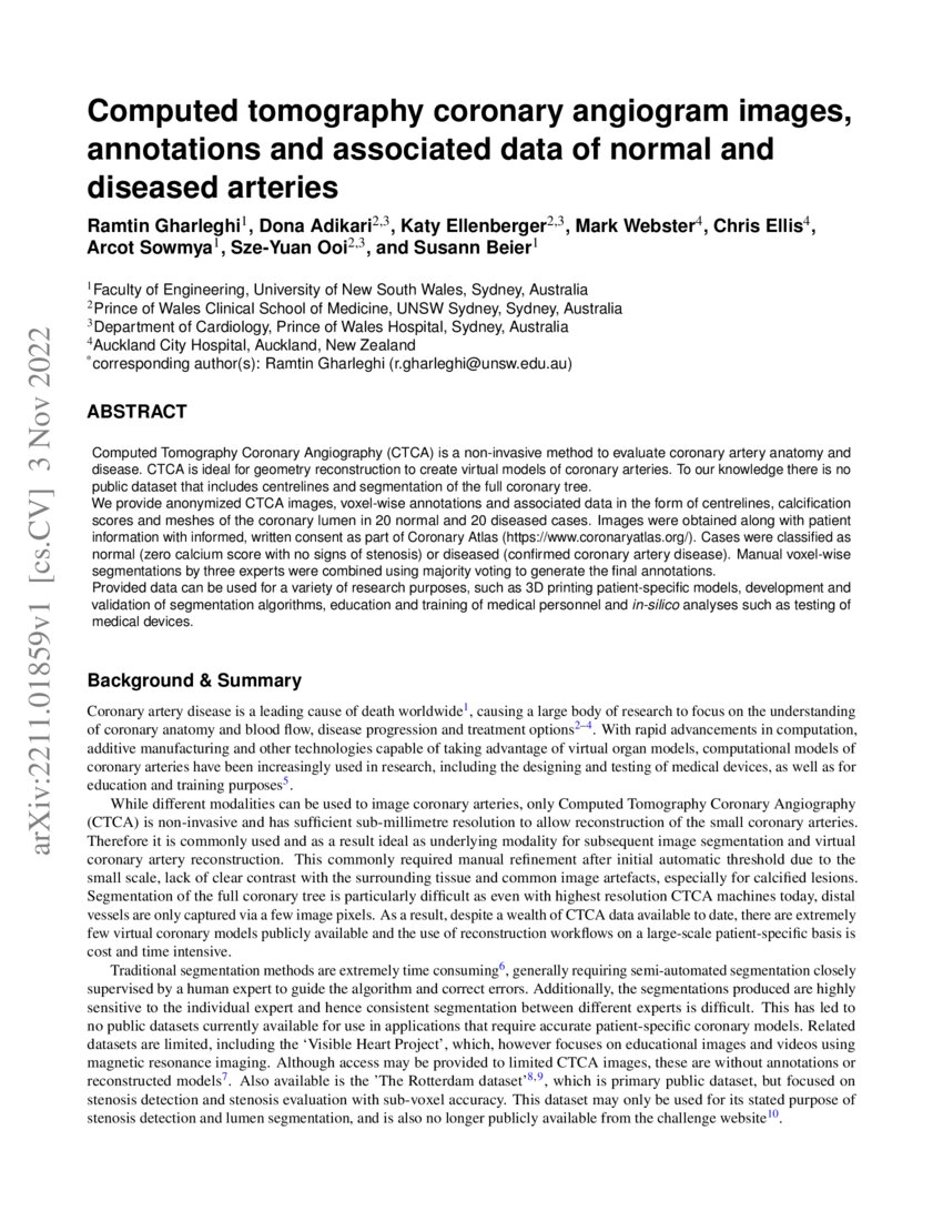 Computed tomography coronary angiogram images, annotations and ...