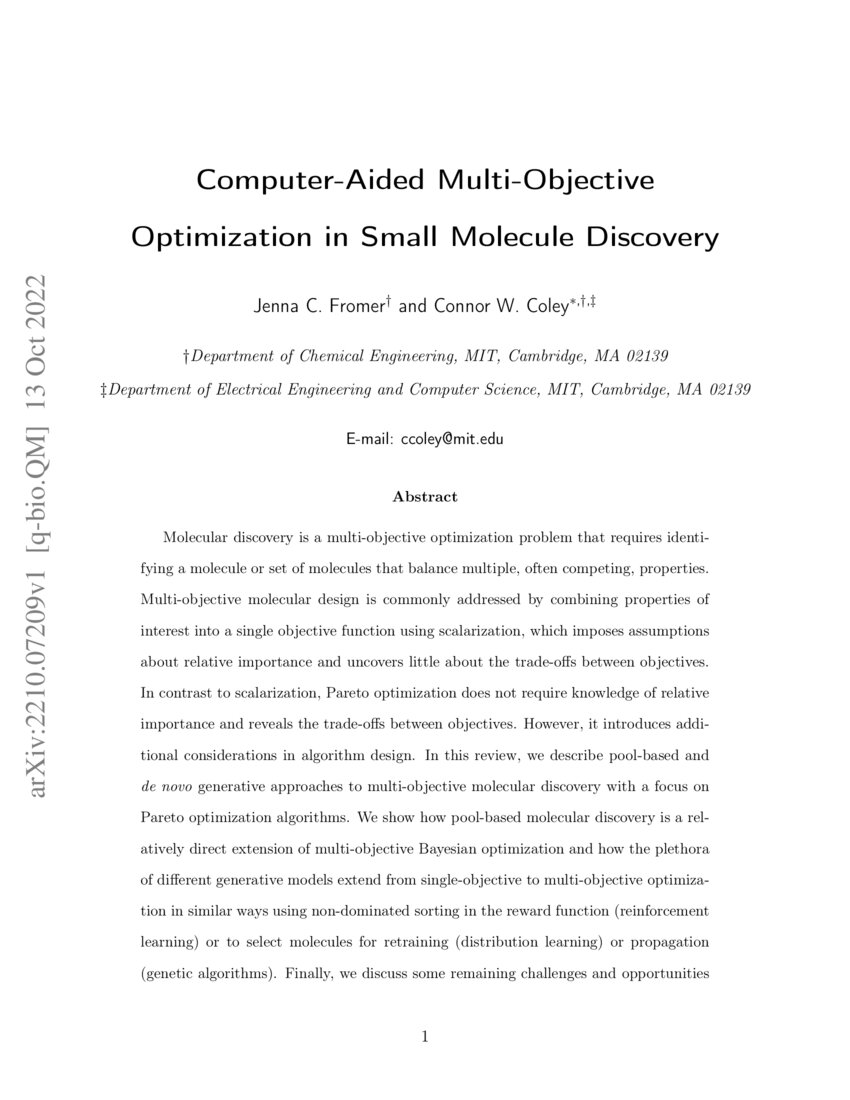 Computer Aided Multi Objective Optimization In Small Molecule Discovery