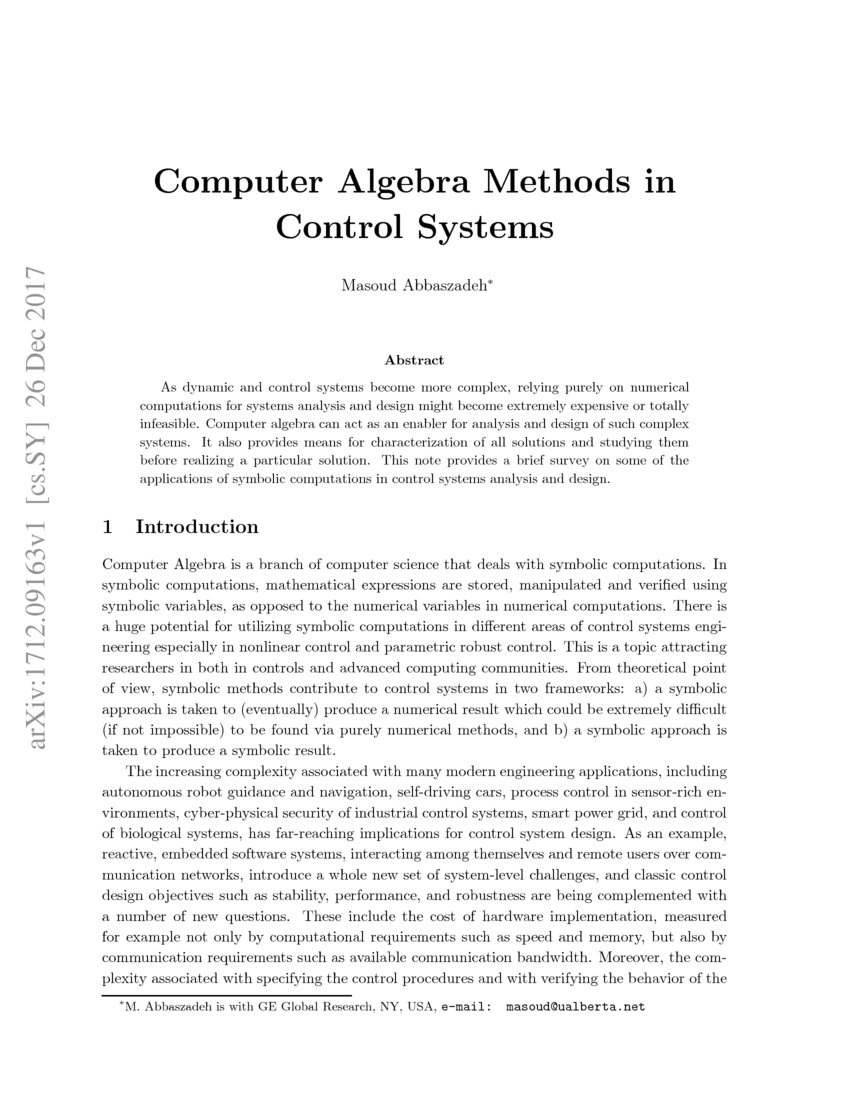 Computer Algebra Methods in Control Systems | DeepAI