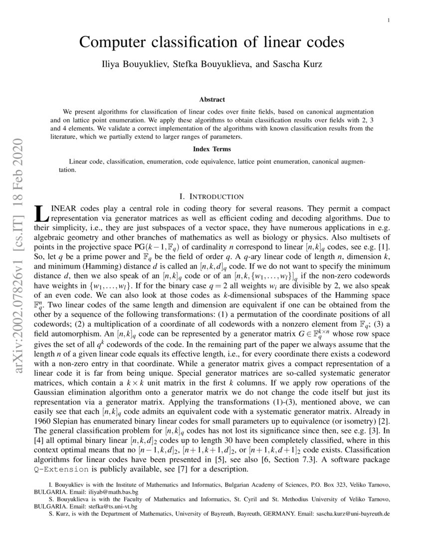 Computer Classification Of Linear Codes Deepai 