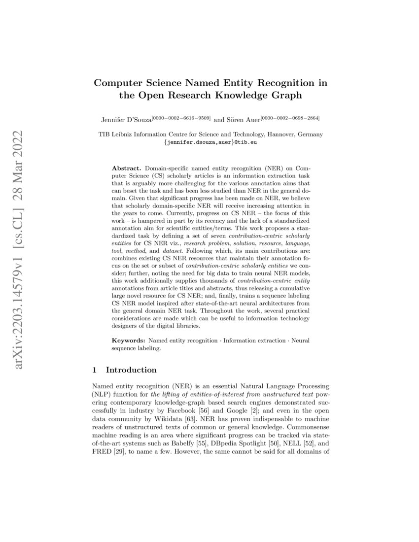 Computer Science Named Entity Recognition in the Open Research ... Computer Science Named Entity Recognition in the Open Research ...