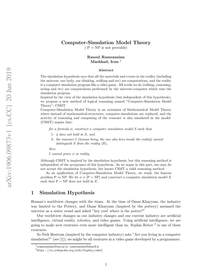 Computer-Simulation Model Theory (P= NP is not provable) | DeepAI