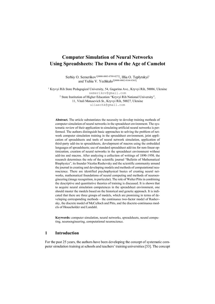 Computer Simulation Of Neural Networks Using Spreadsheets The Dawn Of