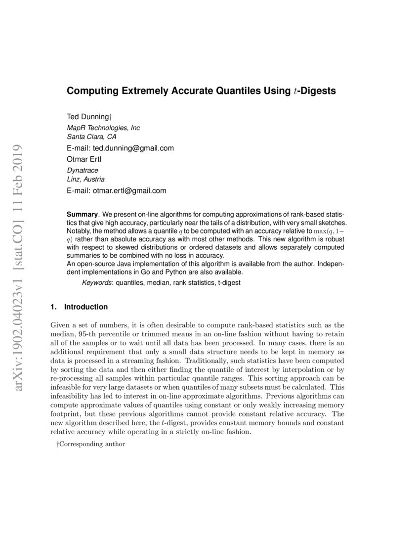 Computing Extremely Accurate Quantiles Using t-Digests | DeepAI
