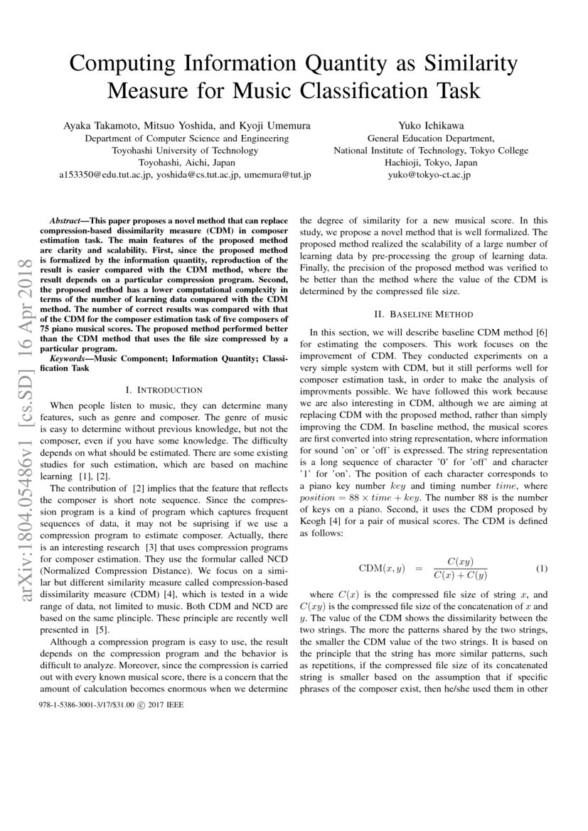 Computing Information Quantity as Similarity Measure for Music Classification Task | DeepAI