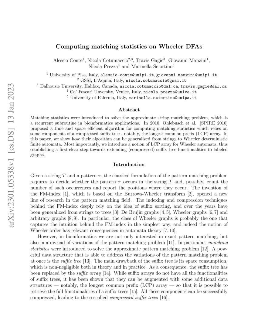 Computing matching statistics on Wheeler DFAs | DeepAI Computing matching statistics on Wheeler DFAs | DeepAI