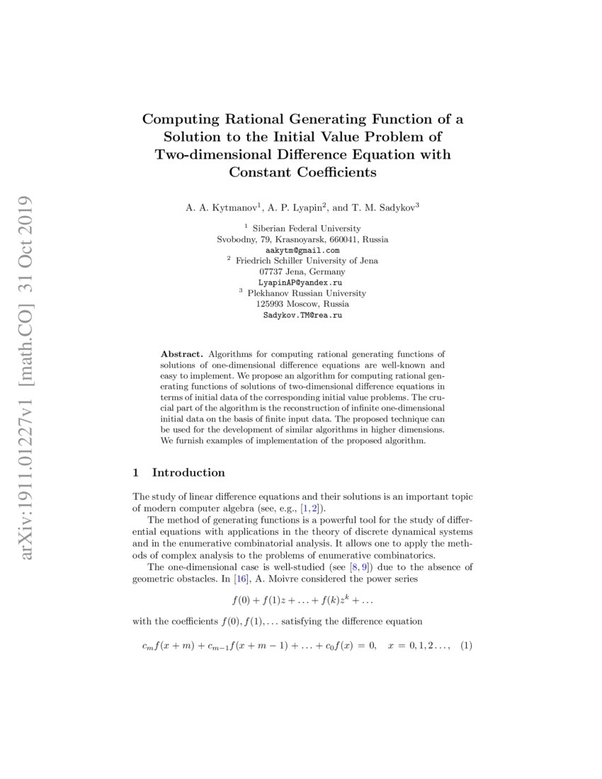 Computing Rational Generating Function of a Solution to the Initial ...