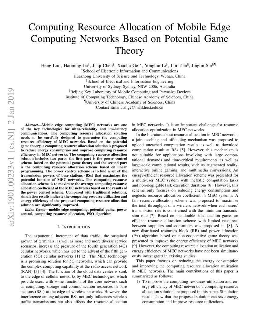 Computing Resource Allocation Of Mobile Edge Computing Networks Based On Potential Game Theory