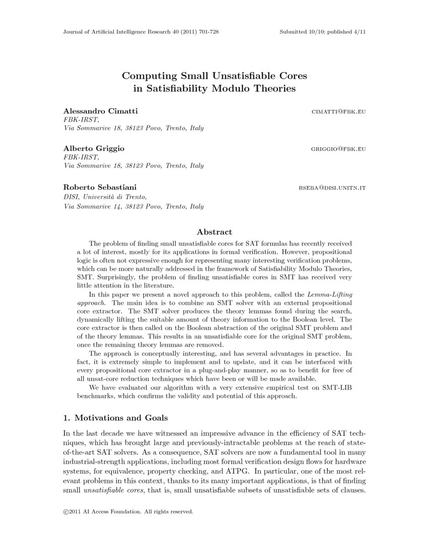 Computing Small Unsatisfiable Cores In Satisfiability Modulo Theories 0480