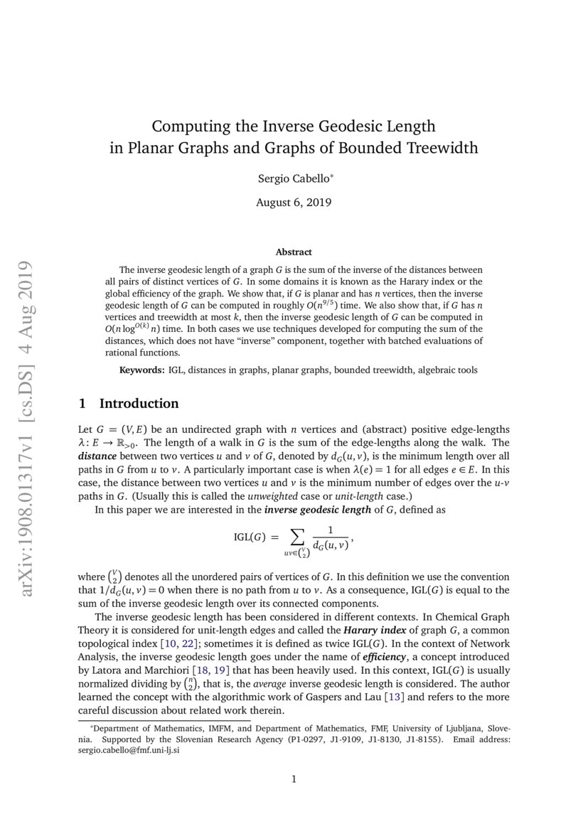 Computing the inverse geodesic length in planar graphs and graphs of ...