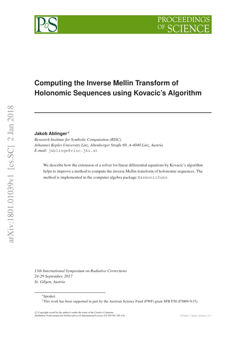 Computing the Inverse Mellin Transform of Holonomic Sequences using Kovacic's Algorithm | DeepAI