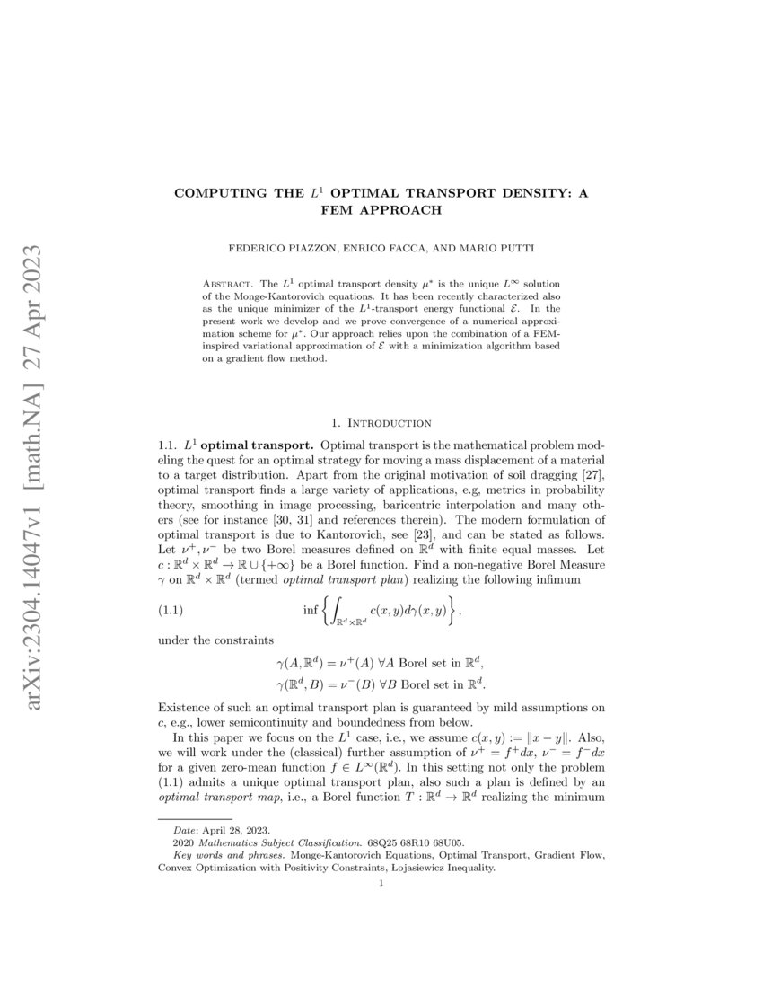 Computing the L1 optimal transport density: a FEM approach | DeepAI