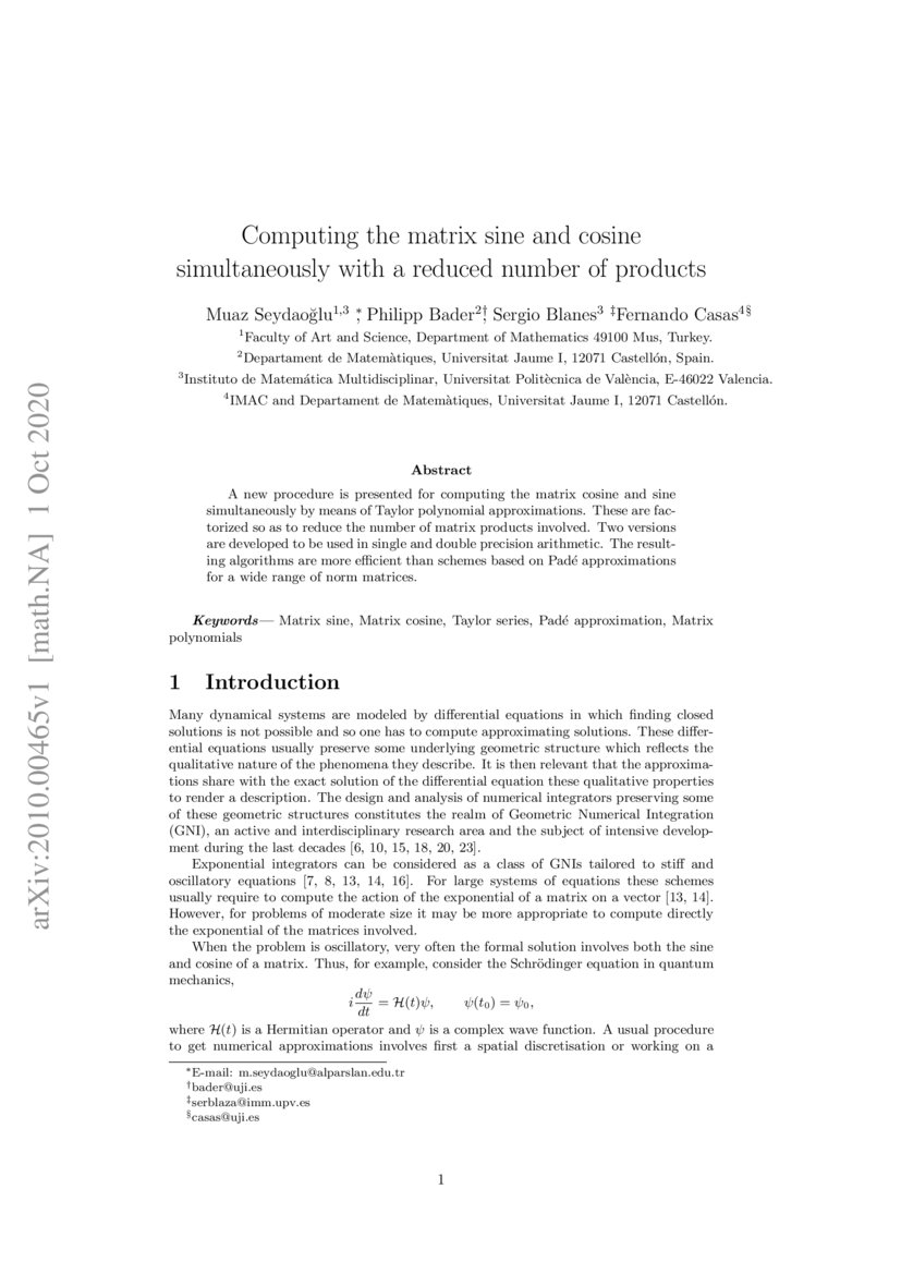 Computing the matrix sine and cosine simultaneously with a reduced number of products | DeepAI