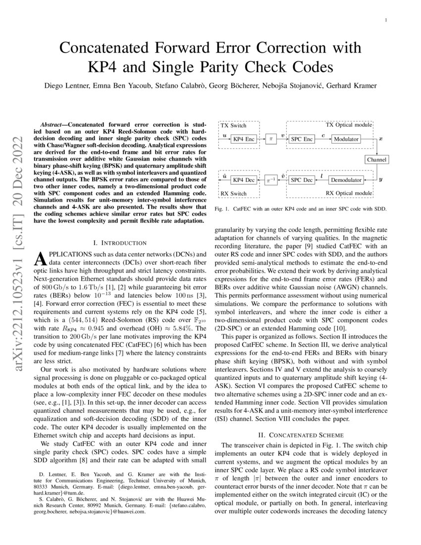 Concatenated Forward Error Correction with KP4 and Single Parity Check Codes | DeepAI