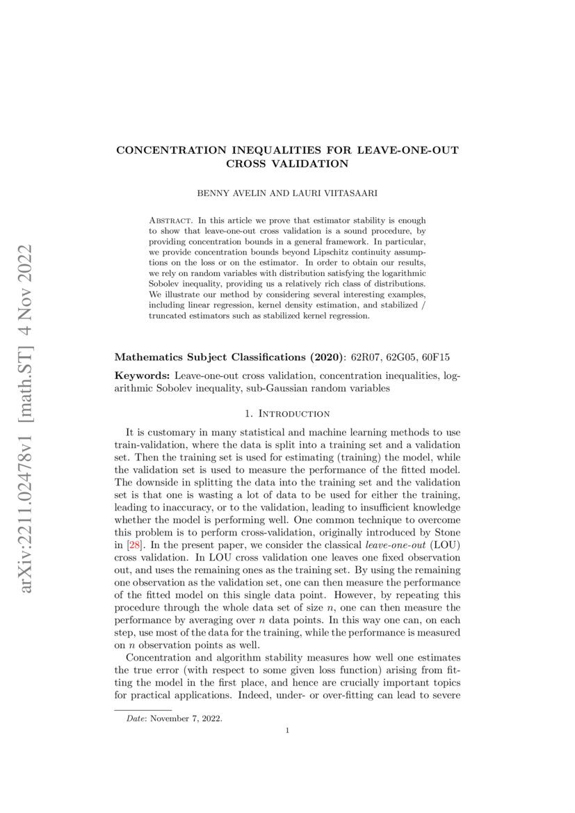 Concentration inequalities for leave-one-out cross validation | DeepAI Concentration inequalities for leave-one-out cross validation | DeepAI