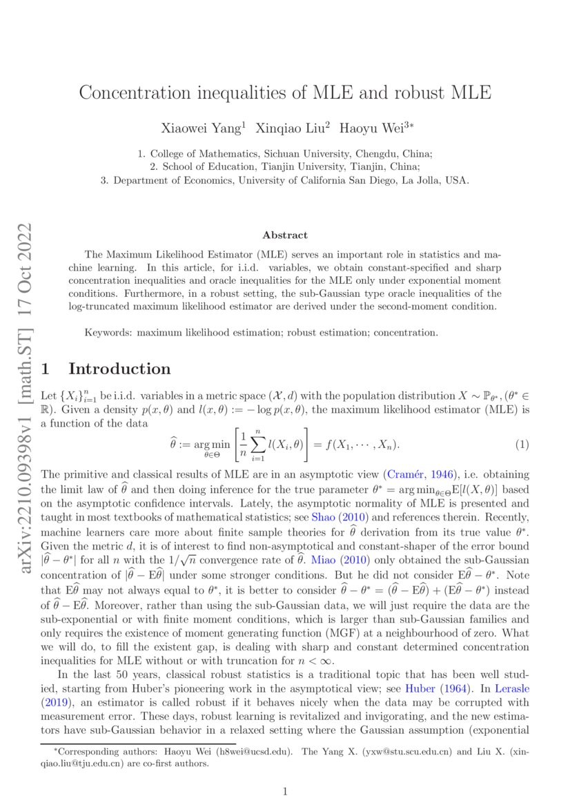 Concentration inequalities of MLE and robust MLE | DeepAI