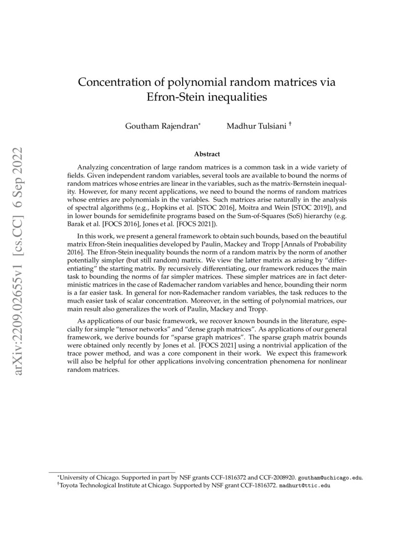 Concentration of polynomial random matrices via Efron-Stein inequalities | DeepAI