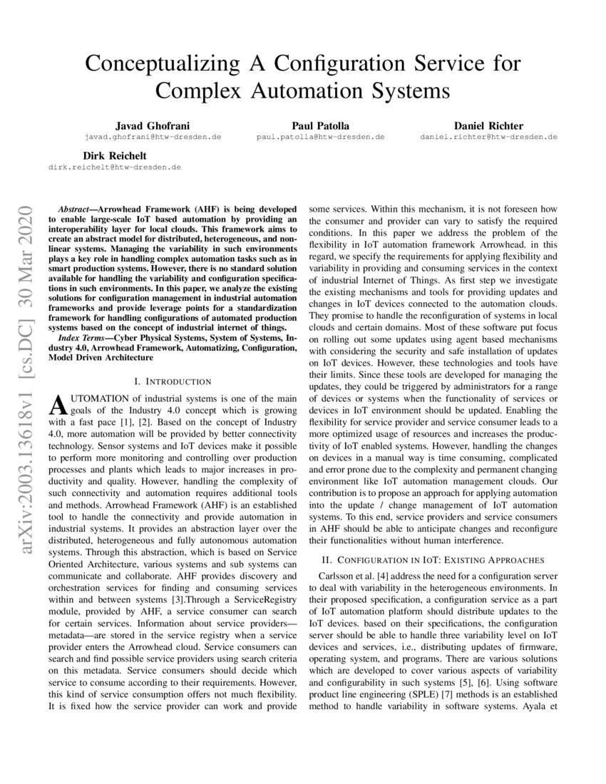 Conceptualizing A Configuration Service For Complex Automation Systems
