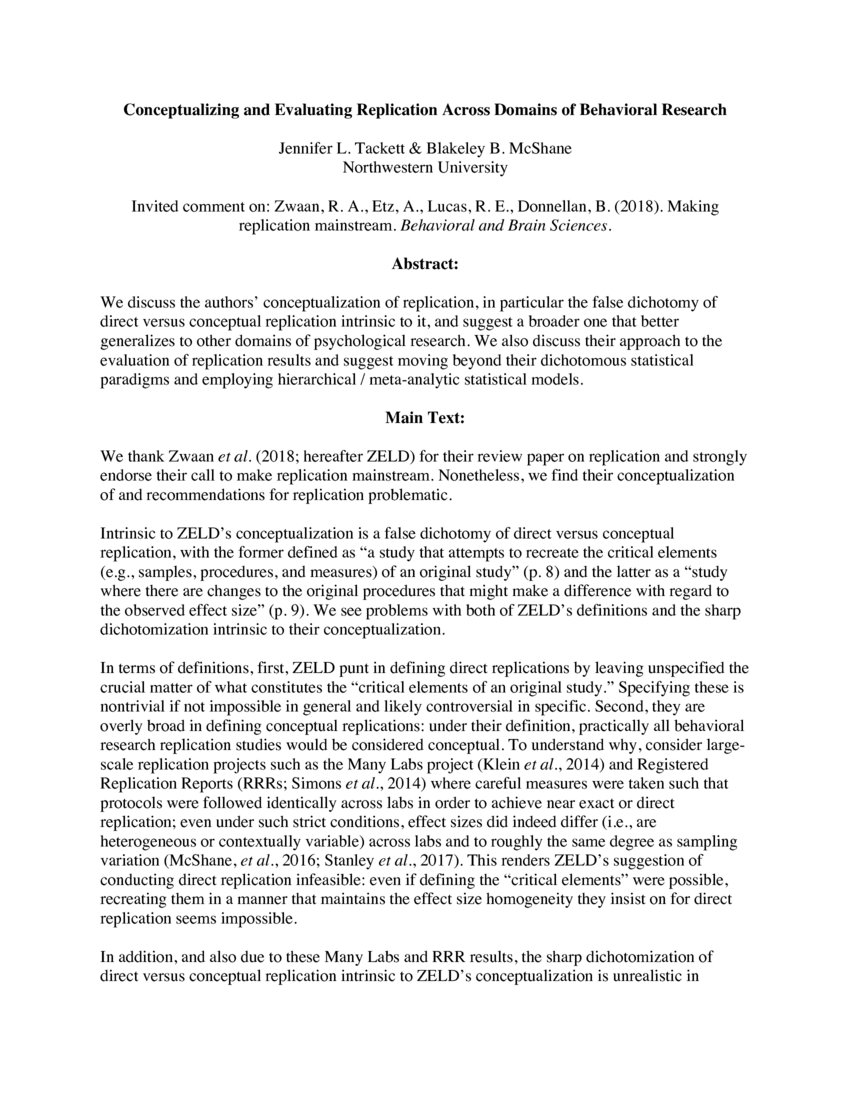 Conceptualizing and Evaluating Replication Across Domains of Behavioral ...
