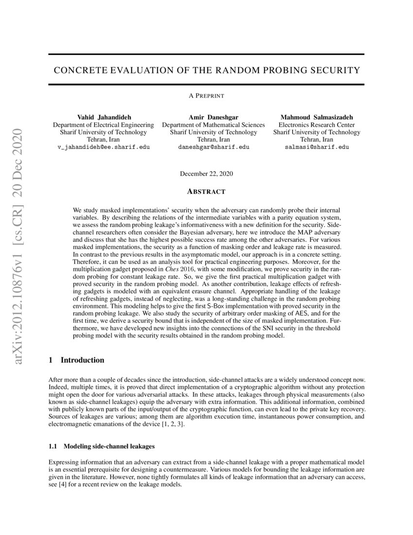 Concrete Evaluation of the Random Probing Security | DeepAI