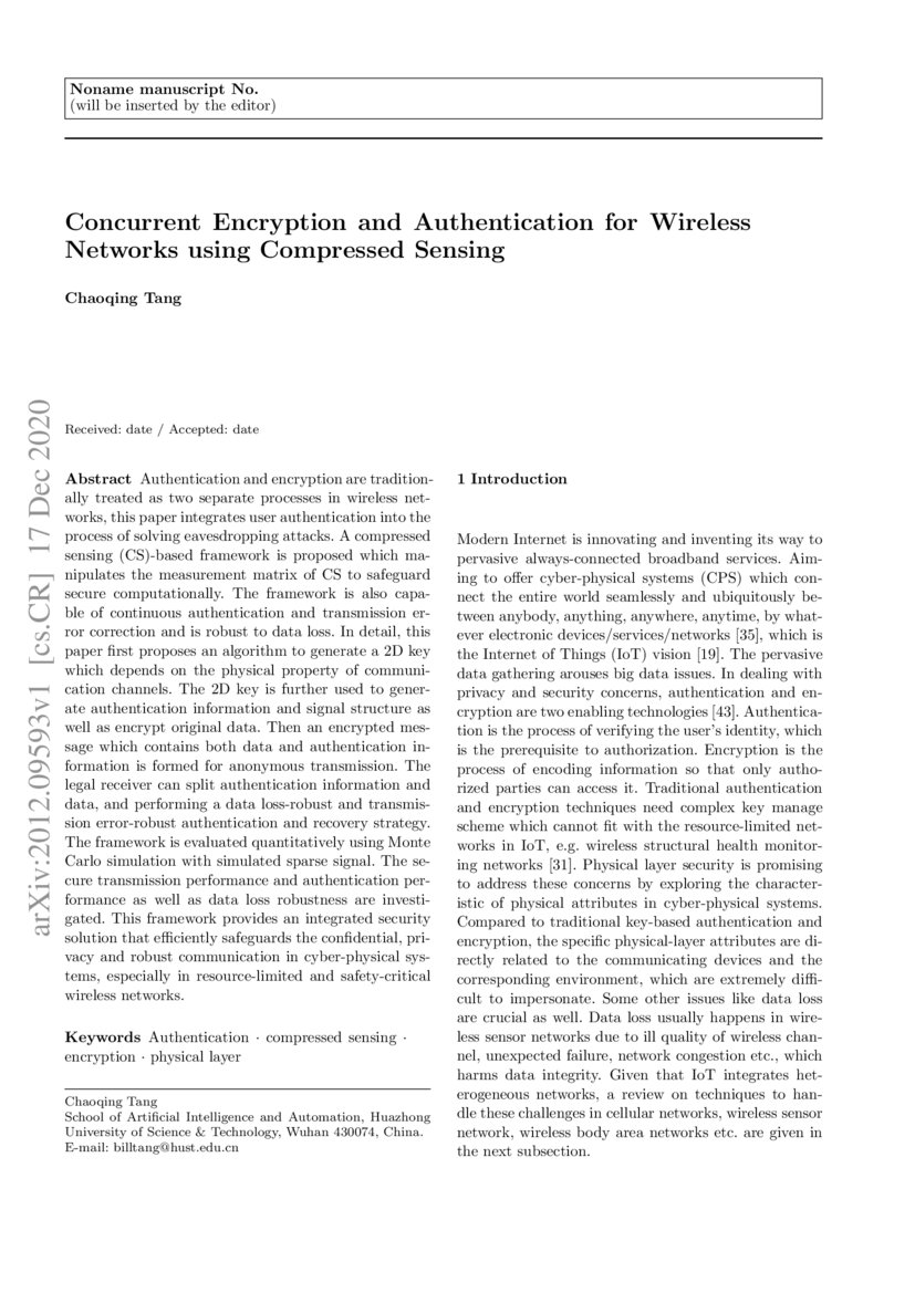Concurrent Encryption And Authentication For Wireless Networks Using Compressed Sensing Deepai