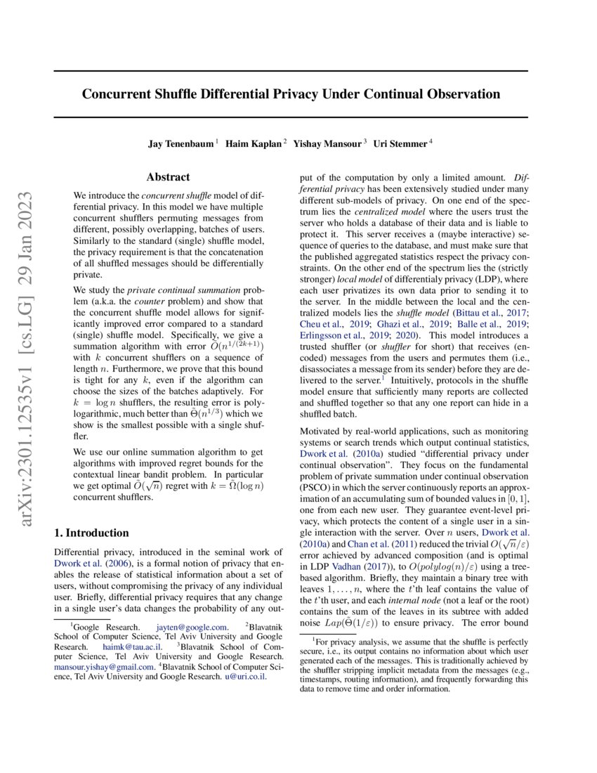 Concurrent Shuffle Differential Privacy Under Continual Observation Deepai