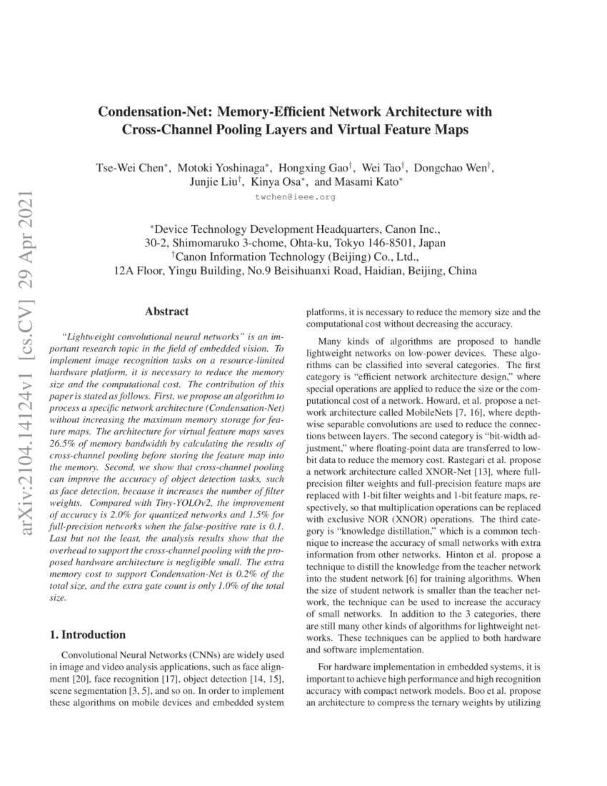 Condensation-Net: Memory-Efficient Network Architecture with Cross-Channel Pooling Layers and ...