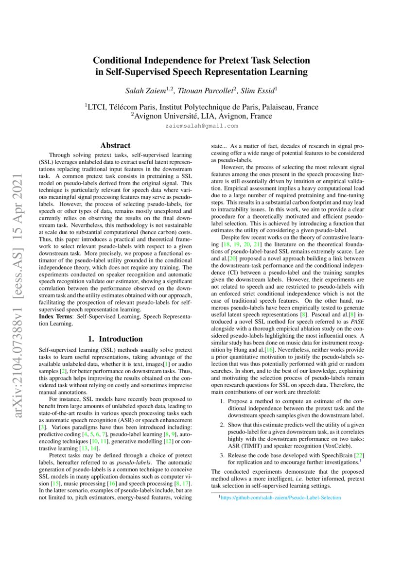Conditional Independence For Pretext Task Selection In Self Supervised Speech Representation