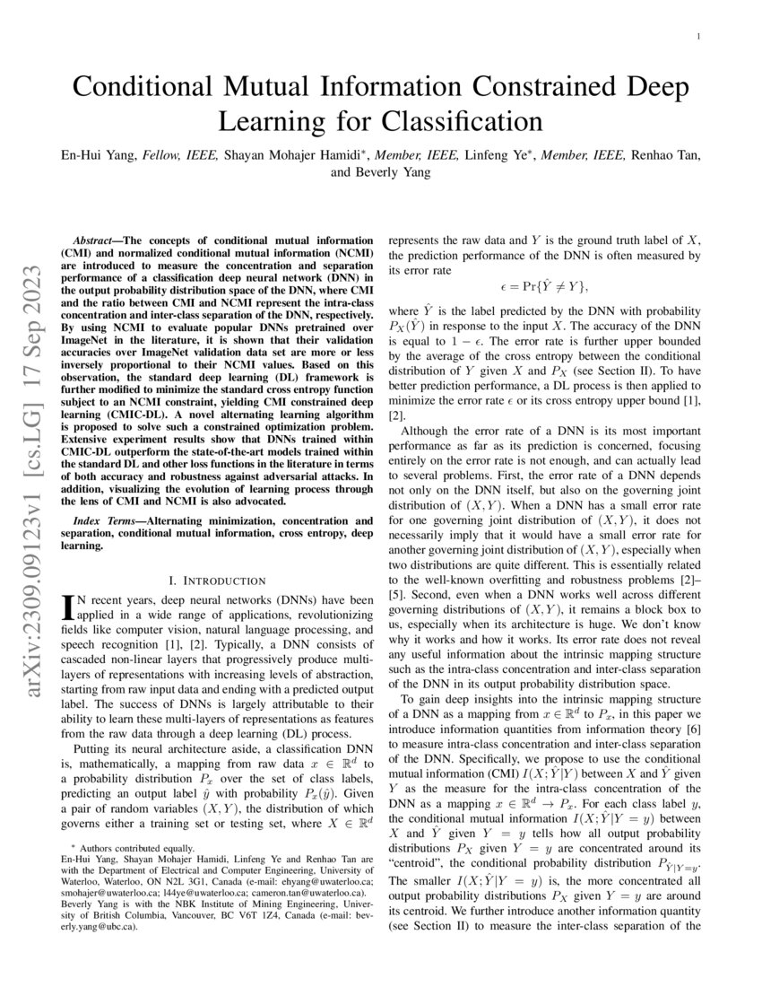 Conditional Mutual Information Constrained Deep Learning For